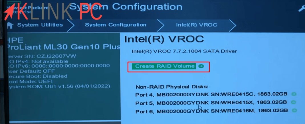 Activation et configuration d'un RAID5 avec la carte RAID Intel VROC sur un serveur HPE Gen 10 ...
